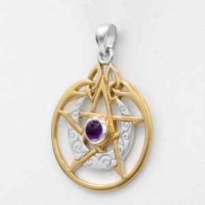 Dryad Design Sterling Silver 14k Gold Plated Crescent Moon Pendant Pentacle with Natural Amethyst