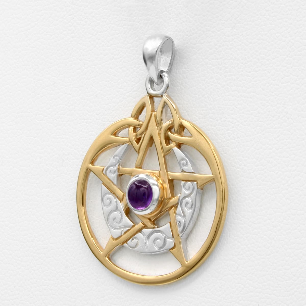 Dryad Design Sterling Silver 14k Gold Plated Crescent Moon Pendant Pentacle with Natural Amethyst