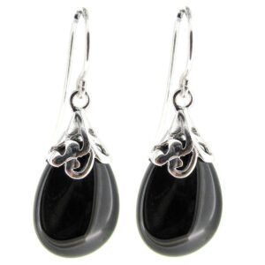 natural onyx black teardrop sterling silver filigree flower bail and french hook earwires dangle earrings