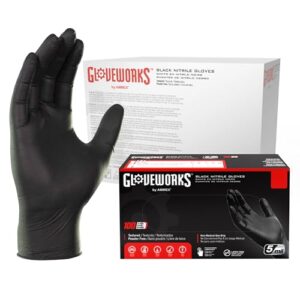 gloveworks black disposable nitrile industrial gloves, 5 mil, latex & powder-free, food-safe, textured, medium, case of 1000