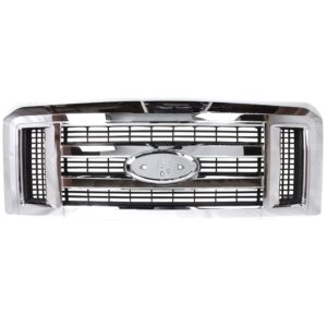 evan fischer grille assembly compatible with 2008-2014 ford e-150, fits 2008-2014 ford e-250, fits 2008-2019 ford e-350 super duty plastic, chrome shell/painted gray insert