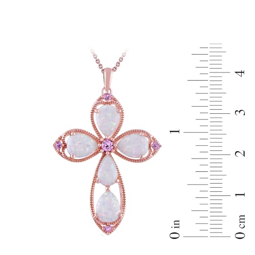 Amazon Essentials Womens 14K Rose Gold over Sterling Silver Created Opal with Created Pink Sapphire Cross Pendant Necklace, 18", (previously Amazon Collection)