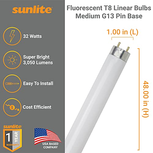 Sunlite 30195 T8 Linear Fluorescent Lamp, 32 Watts, 3050 Lumens, F32T8/SP841, 4100K Cool White, Medium G13 Bi Pin Base, High Performance Straight Tube, 30 Pack