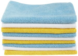 amazon basics microfiber cleaning cloths, non-abrasive, reusable and washable, pack of 48, blue/white/yellow, 16" x 12"