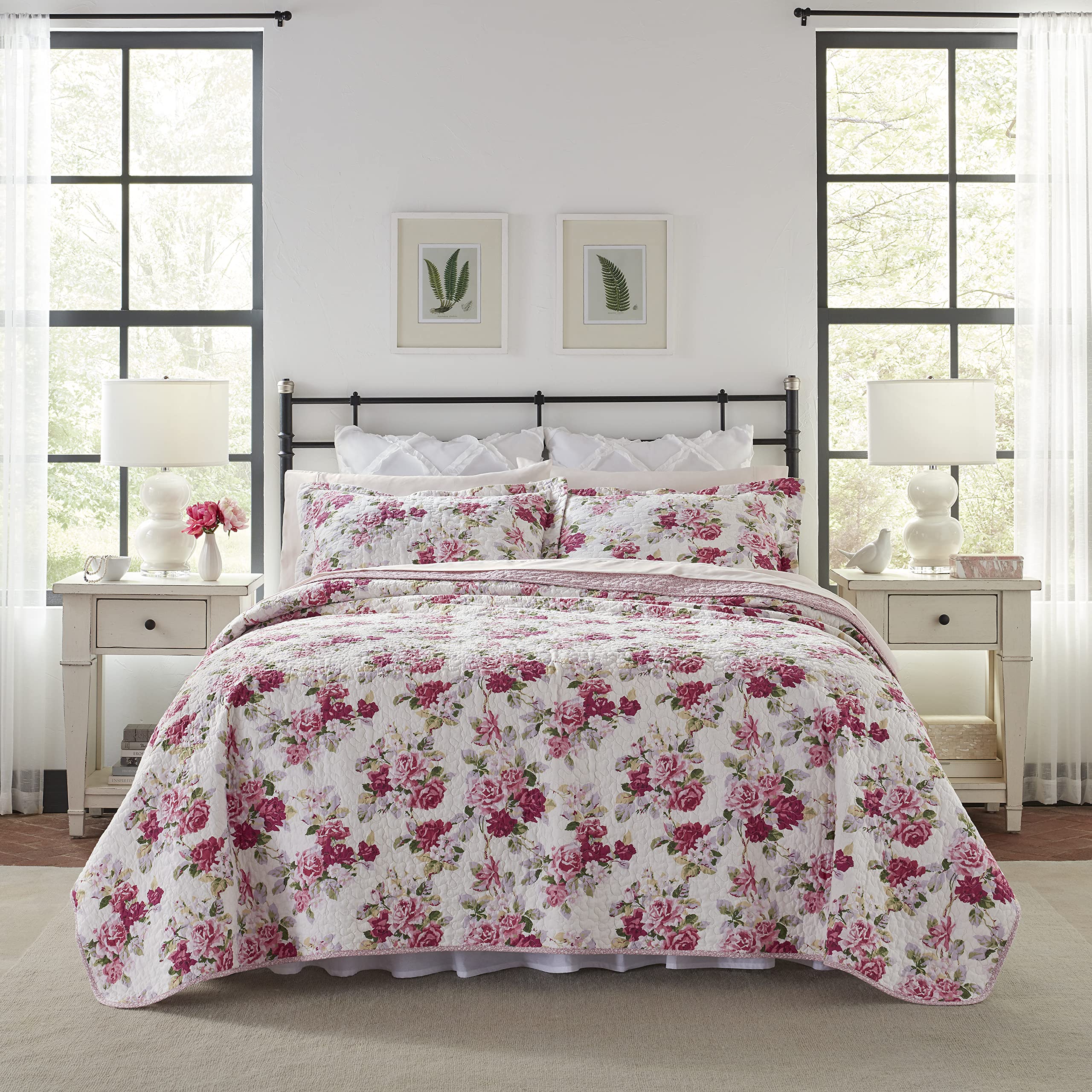 Laura Ashley - King Quilt Set, Reversible Cotton Bedding with Matching Shams, Lightweight Home Decor for All Seasons (Lidia Pink, King)