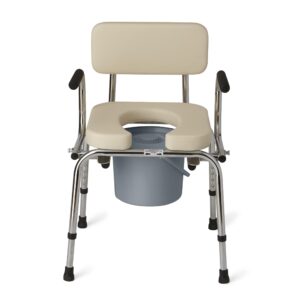 medline drop arm commode with padded seat and backrest, durable toilet chair for adults and seniors, removable pail, splash guard, drop down arms for easy transfer, 350 lb. weight capacity, tan