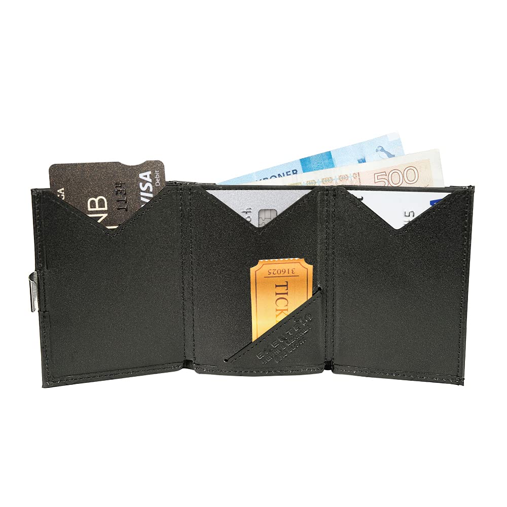 EXENTRI Leather Trifold Wallet - RFID Blocking w/Stainless Steel Locking Clip (Black)