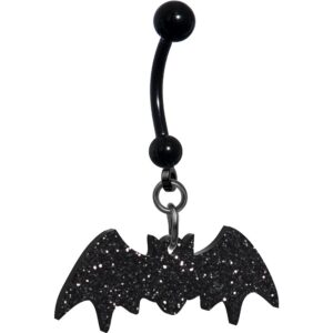 body candy women's glittery black bat belly button ring