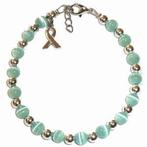 Cancer Awareness Bracelet, For Showing Support or Fundraising Campaign, Adult Size with Extension, 6mm Cat's Eye Beads. Comes Packaged. (Ovarian Cancer - Teal)