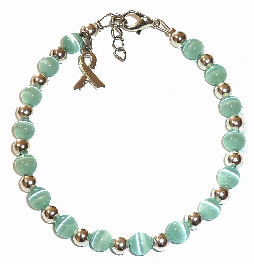 Cancer Awareness Bracelet, For Showing Support or Fundraising Campaign, Adult Size with Extension, 6mm Cat's Eye Beads. Comes Packaged. (Ovarian Cancer - Teal)