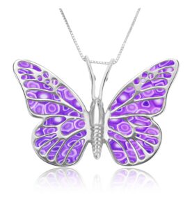 925 sterling silver butterfly necklace pendant purple polymer clay handmade jewelry, 16.5"