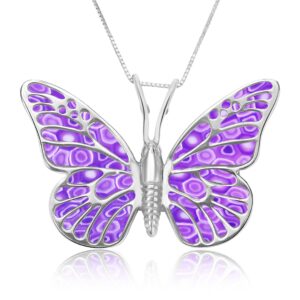 925 Sterling Silver Butterfly Necklace Pendant Purple Polymer Clay Handmade Jewelry, 16.5"