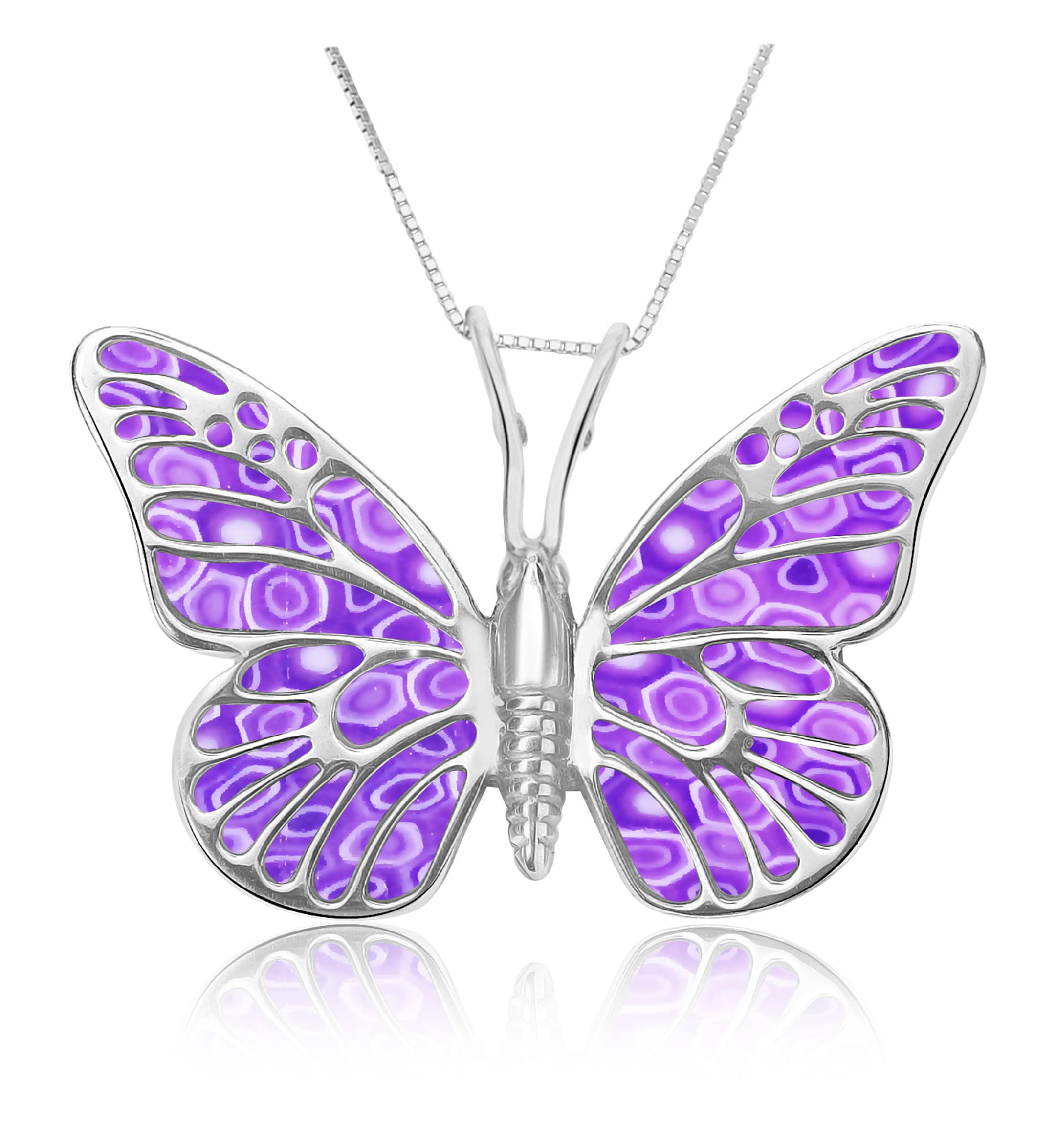 925 Sterling Silver Butterfly Necklace Pendant Purple Polymer Clay Handmade Jewelry, 16.5"