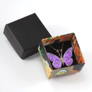 925 Sterling Silver Butterfly Necklace Pendant Purple Polymer Clay Handmade Jewelry, 16.5"