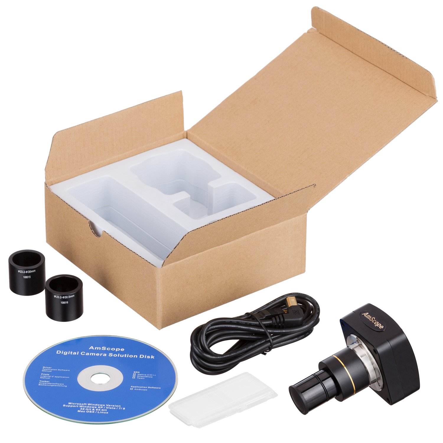 AmScope MU800 8.0MP Digital Microscope Camera for Still and Video Images, 40x Magnification, 0.5x Reduction Lens, Eye Tube or C-Mount, USB 2.0 Output, Includes Software