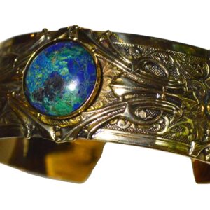 Elaine Coyne Collectible Artwear Hand Polished Antique Brass Art Deco Motif Cuff Bracelet - Chrysocolla