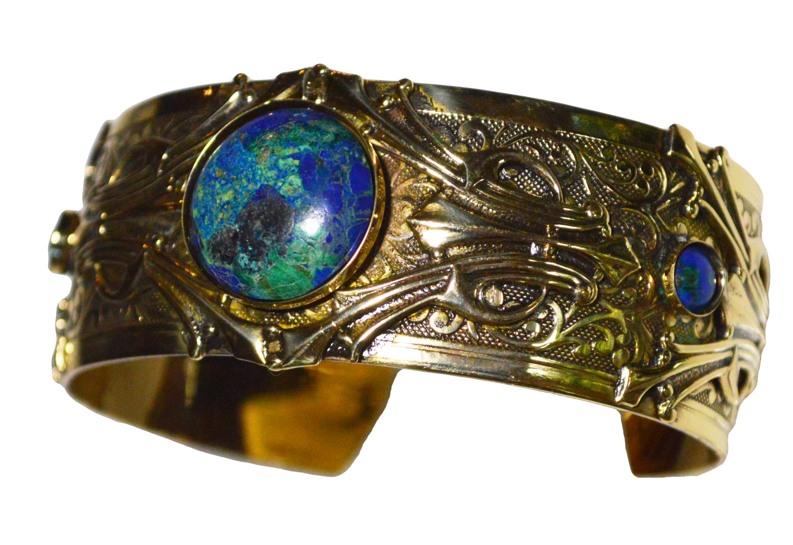 Elaine Coyne Collectible Artwear Hand Polished Antique Brass Art Deco Motif Cuff Bracelet - Chrysocolla