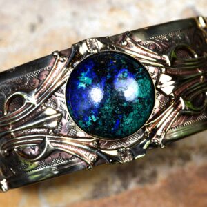 Elaine Coyne Collectible Artwear Hand Polished Antique Brass Art Deco Motif Cuff Bracelet - Chrysocolla