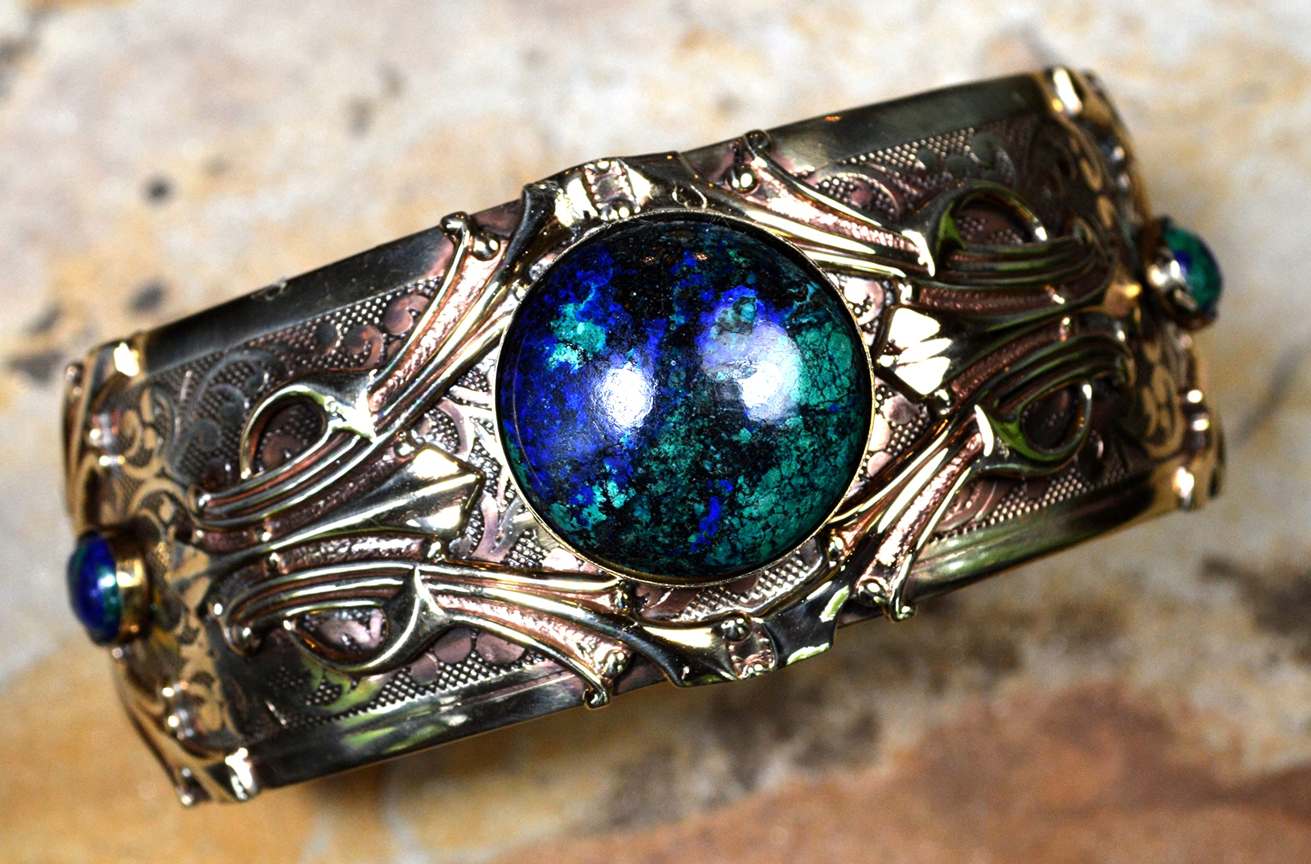 Elaine Coyne Collectible Artwear Hand Polished Antique Brass Art Deco Motif Cuff Bracelet - Chrysocolla