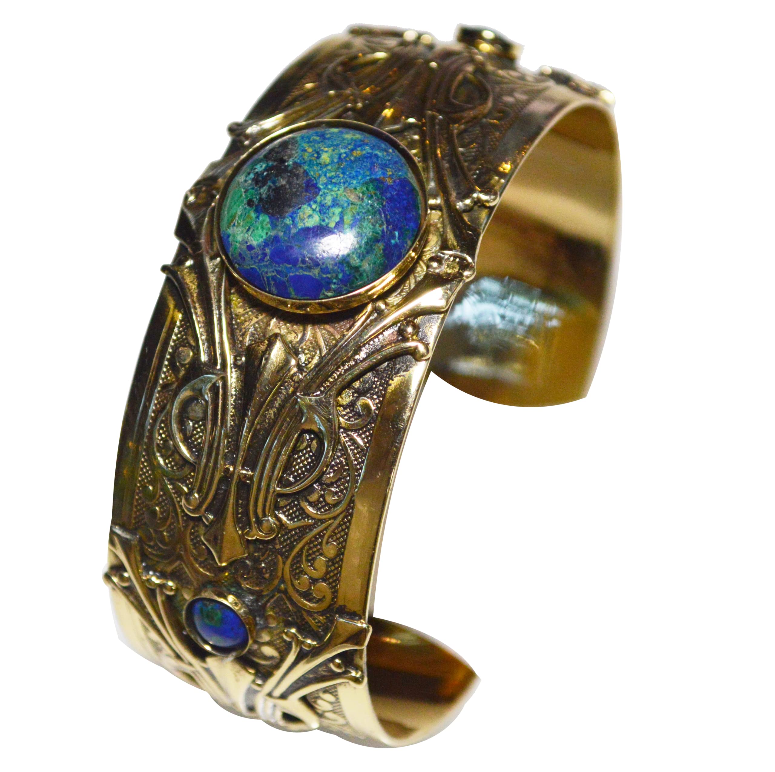 Elaine Coyne Collectible Artwear Hand Polished Antique Brass Art Deco Motif Cuff Bracelet - Chrysocolla