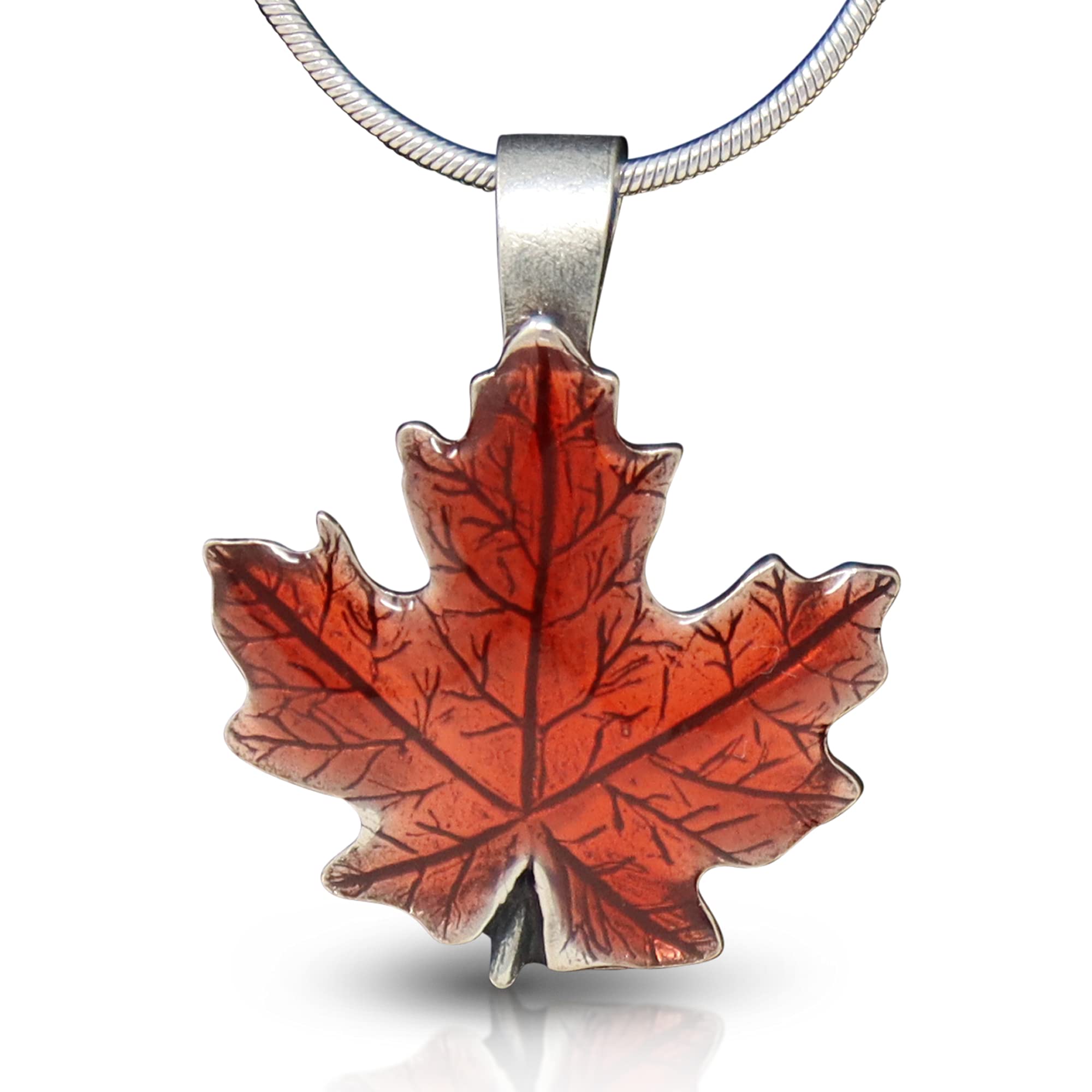 DANFORTH – 1” Maple Leaf Fall/Autumn Necklace, Pewter Pendant, Handcrafted, 18” Sterling Snake Chain, Made In USA