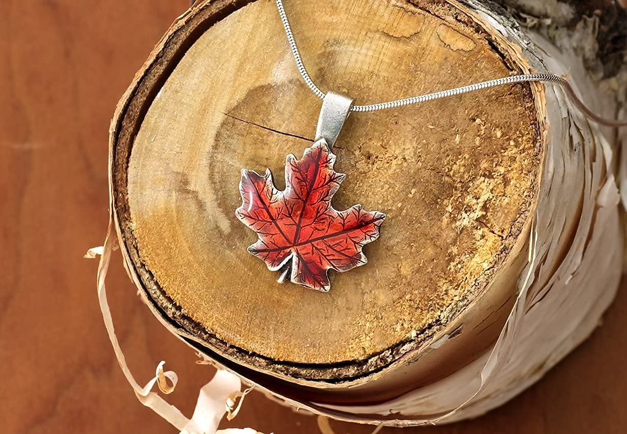 DANFORTH – 1” Maple Leaf Fall/Autumn Necklace, Pewter Pendant, Handcrafted, 18” Sterling Snake Chain, Made In USA