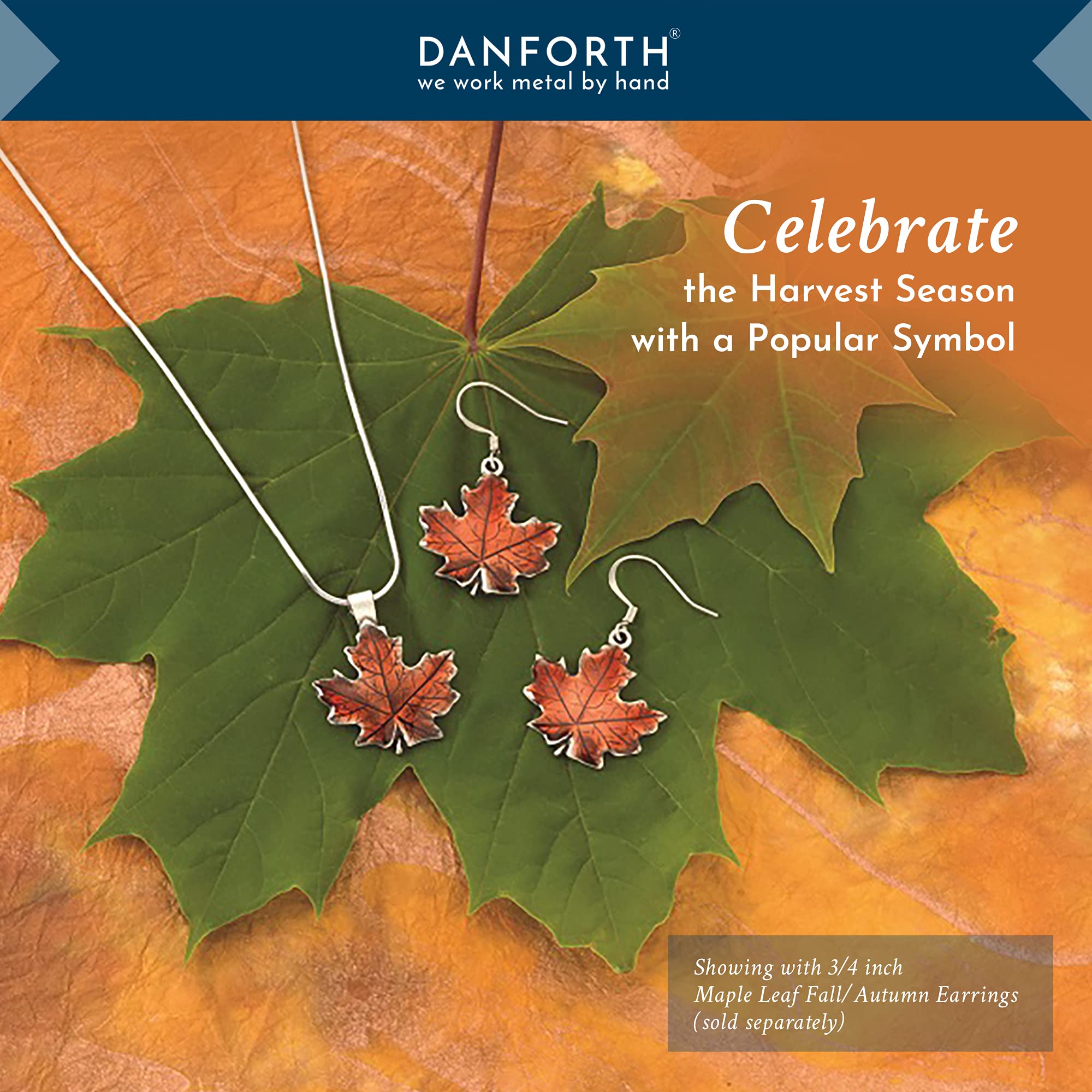 DANFORTH – 1” Maple Leaf Fall/Autumn Necklace, Pewter Pendant, Handcrafted, 18” Sterling Snake Chain, Made In USA