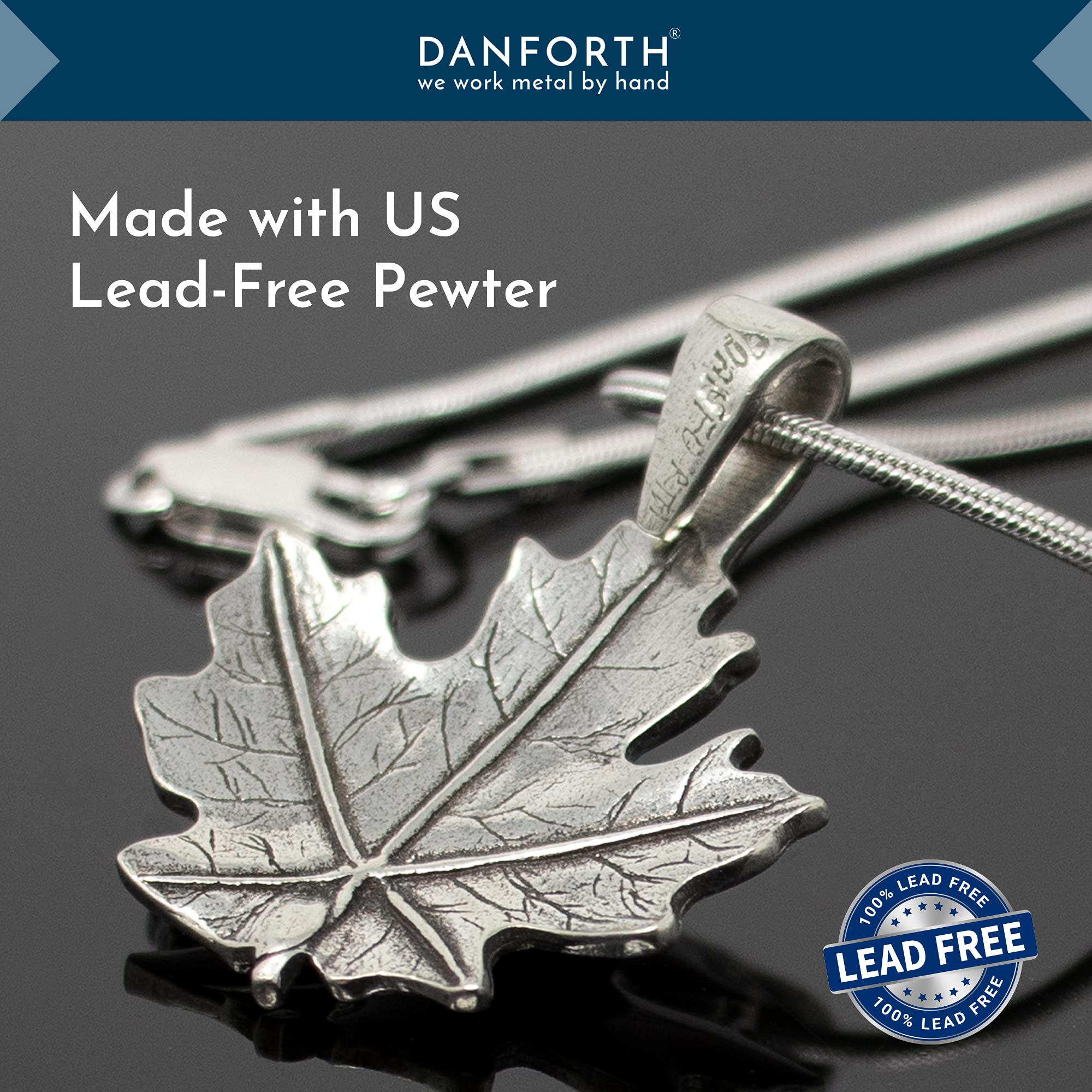 DANFORTH – 1” Maple Leaf Fall/Autumn Necklace, Pewter Pendant, Handcrafted, 18” Sterling Snake Chain, Made In USA