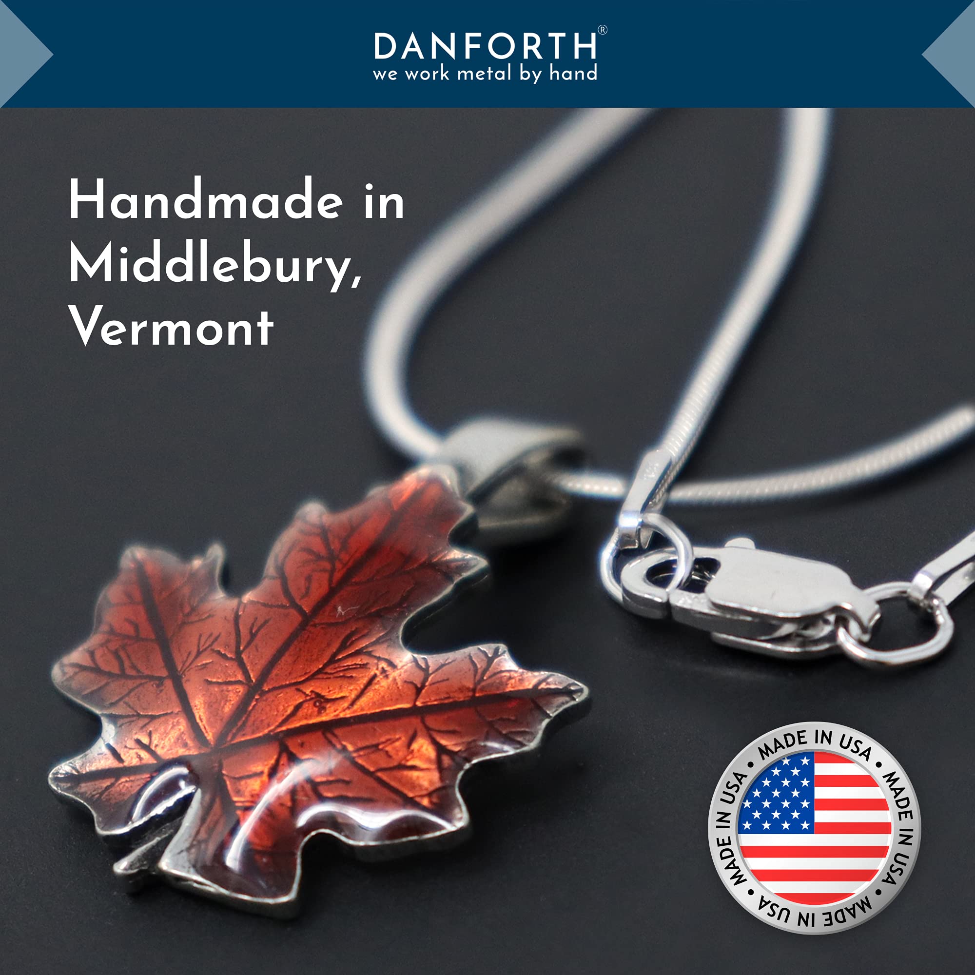 DANFORTH – 1” Maple Leaf Fall/Autumn Necklace, Pewter Pendant, Handcrafted, 18” Sterling Snake Chain, Made In USA