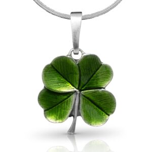 danforth four leaf clover/shamrock green necklace, handcast pewter pendant, 18 inch sterling chain, made in usa