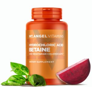 mt. angel vitamins - hydrochloric acid betaine, supports healthy digestion & gastric juices (200 vegetarian chlorocaps)