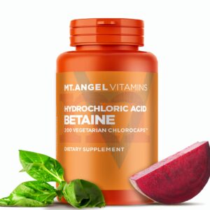 Mt. Angel Vitamins - Hydrochloric Acid Betaine, Supports Healthy Digestion & Gastric Juices (200 Vegetarian Chlorocaps)