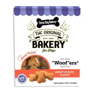 three dog bakery grain free wafers baked dog treats, sweet potato, 13 oz