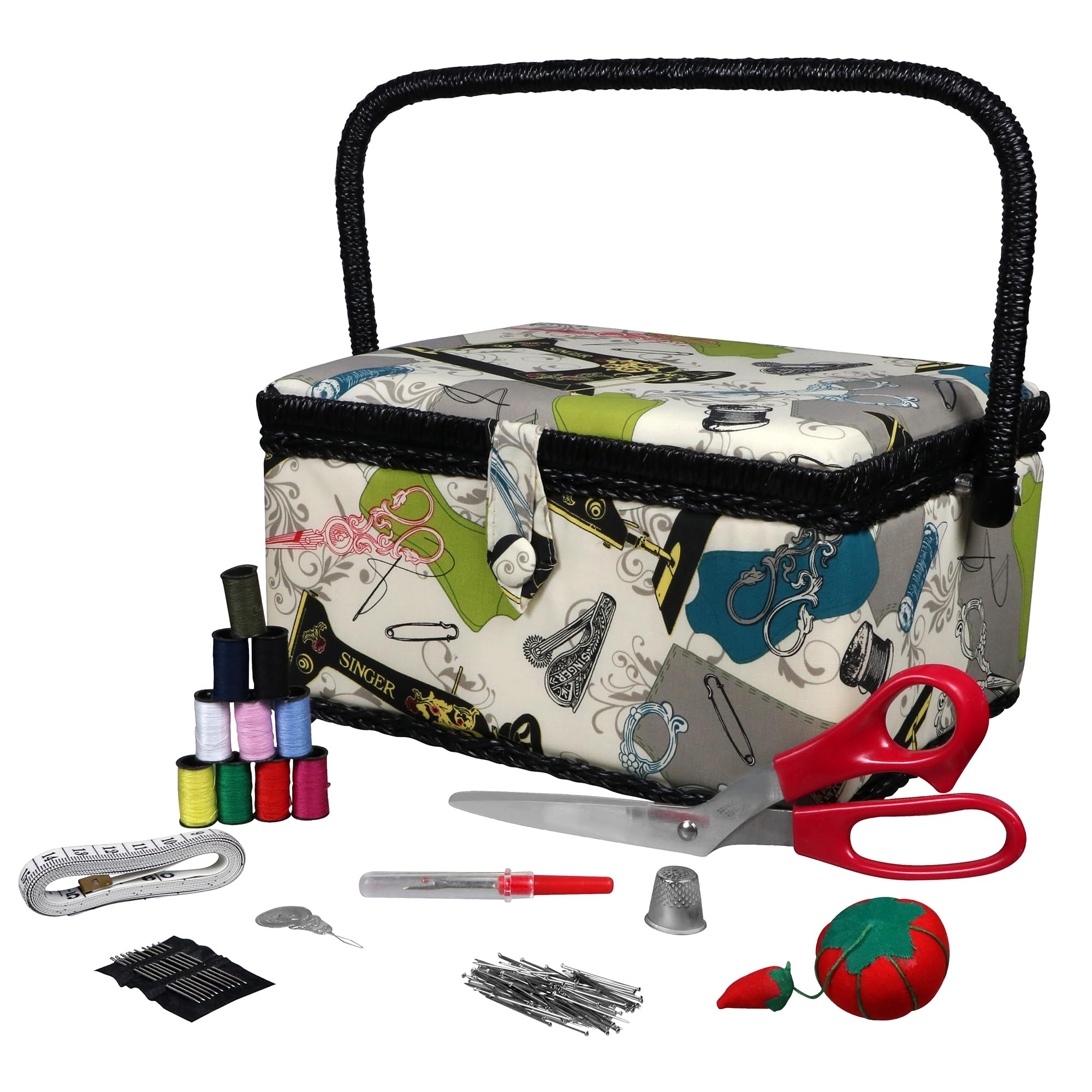 SINGER 07281 Vintage Sewing Basket with Sewing Kit Accessories