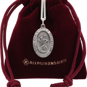 All Patron Saints Oval St Christopher Medal Necklace in Solid Sterling Silver Protect Us Medal 24 x 16 MM With 24 Inch Chain (Adult Male)