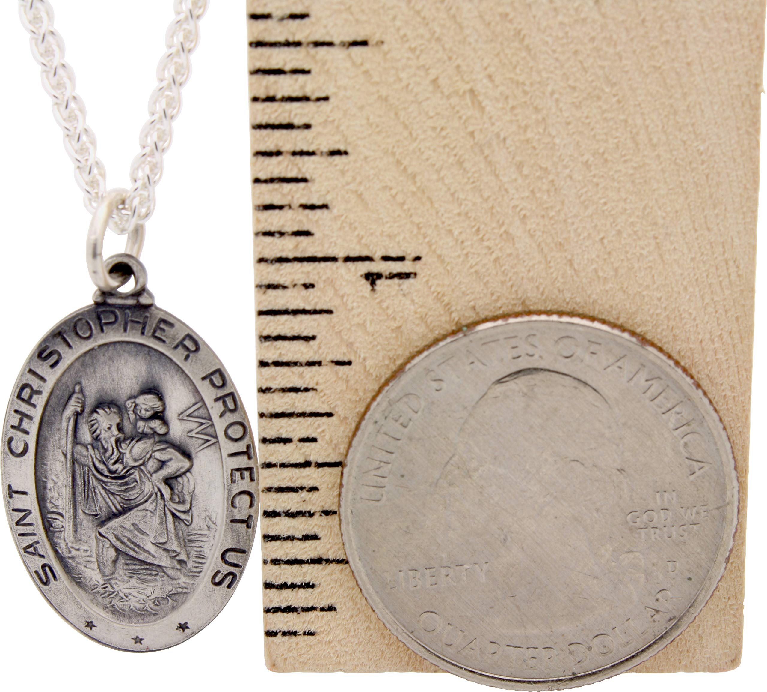 All Patron Saints Oval St Christopher Medal Necklace in Solid Sterling Silver Protect Us Medal 24 x 16 MM With 24 Inch Chain (Adult Male)