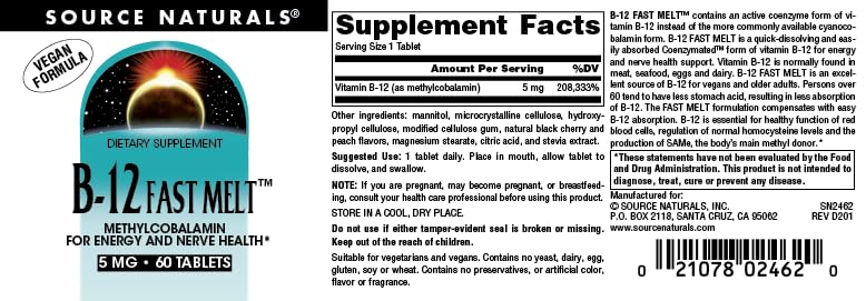 Source Naturals Vitamin B-12 Supports Energy Production* - 5 mg - 60 Fast Melt Vegan Formula