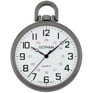 gotham men's gunmetal ultra thin railroad open face quartz pocket watch # gwc15026b