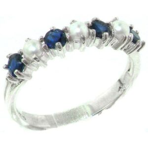 letsbuygold 925 sterling silver cultured pearl & sapphire womans eternity ring - size 4