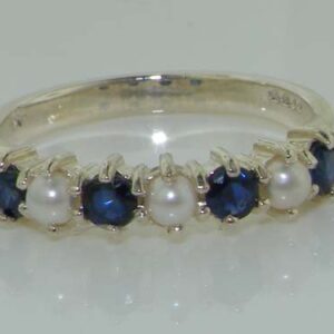 LetsBuyGold 925 Sterling Silver Cultured Pearl & Sapphire Womans Eternity Ring - Size 4