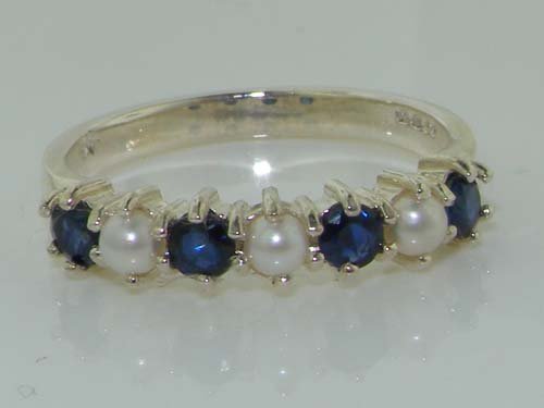 LetsBuyGold 925 Sterling Silver Cultured Pearl & Sapphire Womans Eternity Ring - Size 4