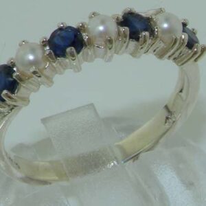 LetsBuyGold 925 Sterling Silver Cultured Pearl & Sapphire Womans Eternity Ring - Size 4