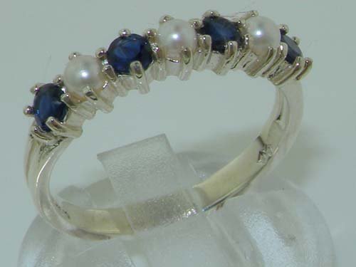 LetsBuyGold 925 Sterling Silver Cultured Pearl & Sapphire Womans Eternity Ring - Size 4