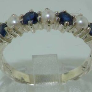 LetsBuyGold 925 Sterling Silver Cultured Pearl & Sapphire Womans Eternity Ring - Size 4