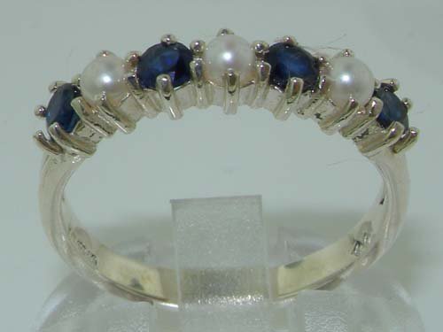 LetsBuyGold 925 Sterling Silver Cultured Pearl & Sapphire Womans Eternity Ring - Size 4