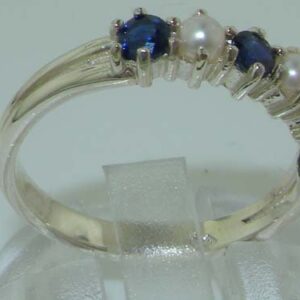 LetsBuyGold 925 Sterling Silver Cultured Pearl & Sapphire Womans Eternity Ring - Size 4