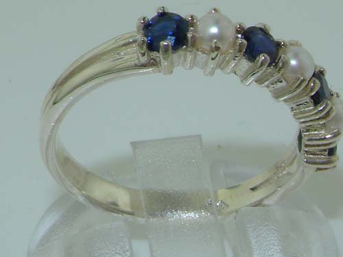 LetsBuyGold 925 Sterling Silver Cultured Pearl & Sapphire Womans Eternity Ring - Size 4