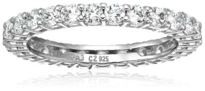 amazon essentials platinum over sterling silver round cut cubic zirconia all-around band ring (2.5mm), size 7, (previously amazon collection)