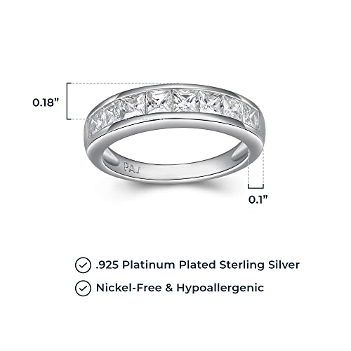 MORGAN & PAIGE Wedding Anniversary Ring - Classic Channel-Set Princess Cut Cubic Zirconia - Size 6-925 Platinum Plated Sterling Silver Anniversary Bands For Women