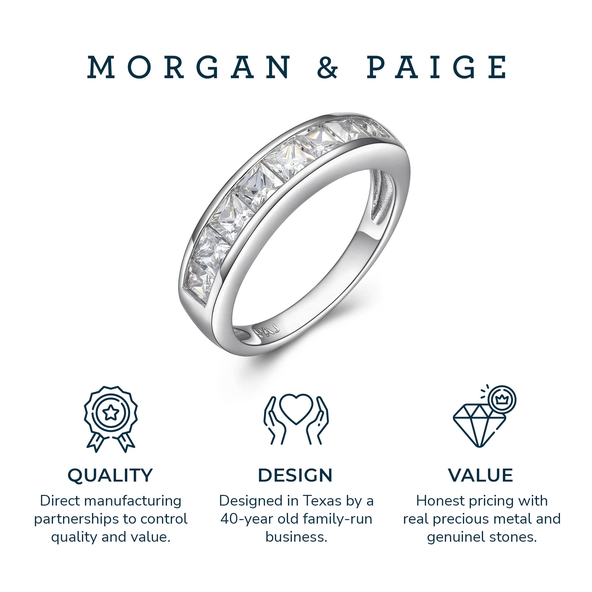 MORGAN & PAIGE Wedding Anniversary Ring - Classic Channel-Set Princess Cut Cubic Zirconia - 925 Platinum Plated Sterling Silver Anniversary Bands For Women - Size 8